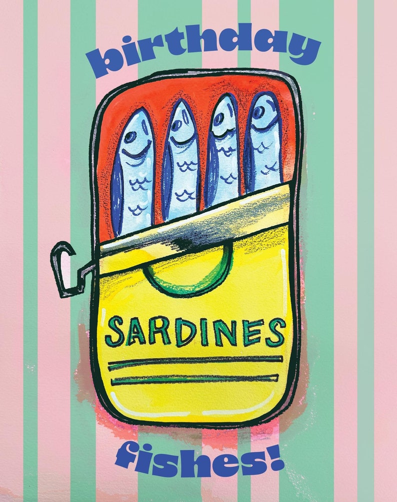 Watercolor Sardines Birthday Card: Handmade Greeting Card - Etsy