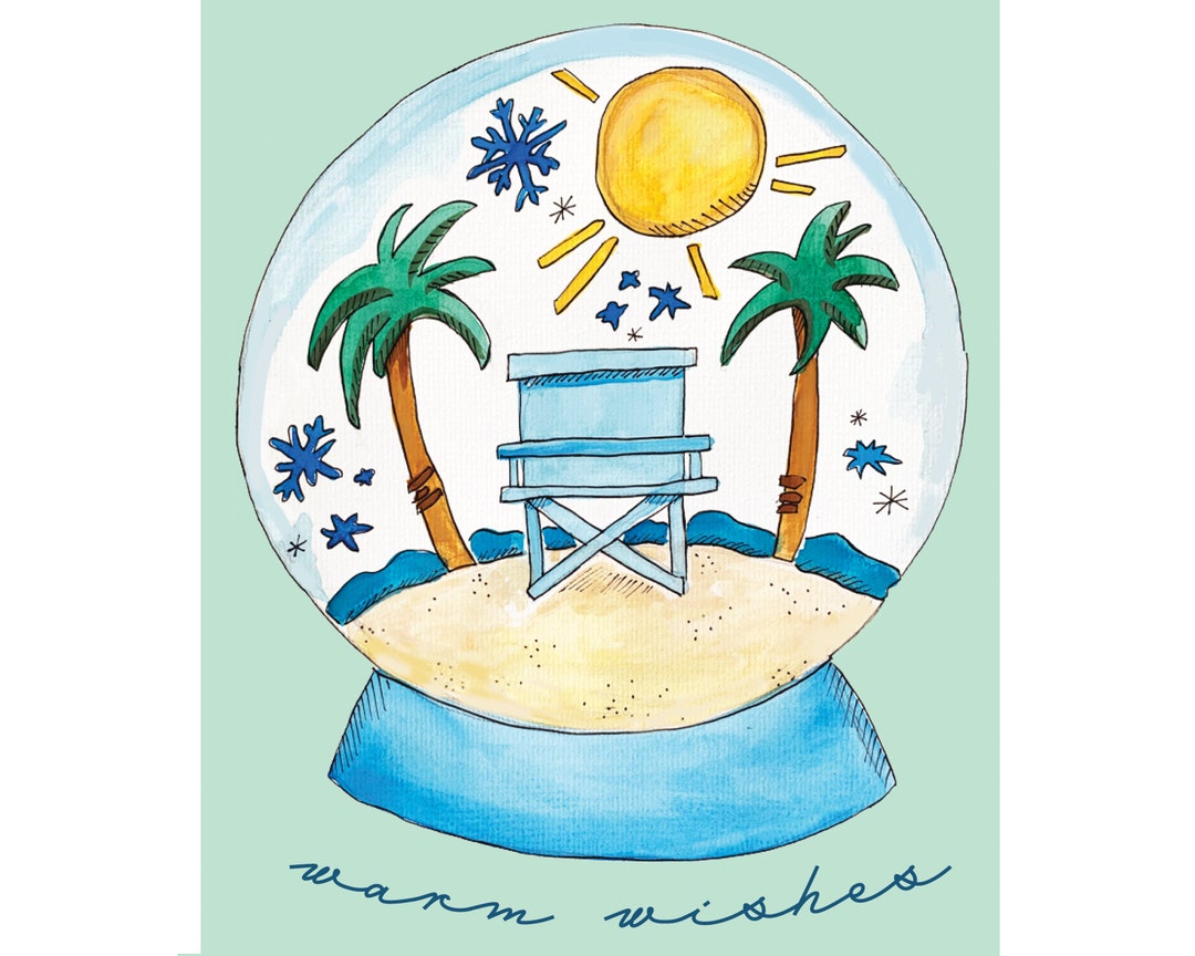 Beach Snow Globe Greeting Card - Lifeguard Stand, Palm Tree, Sun, Snow ...
