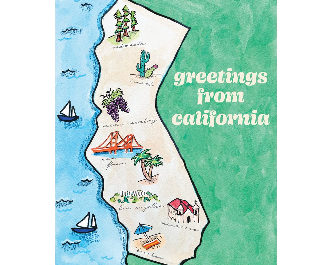 Greetings From California Card: Vintage Watercolor Map - Etsy