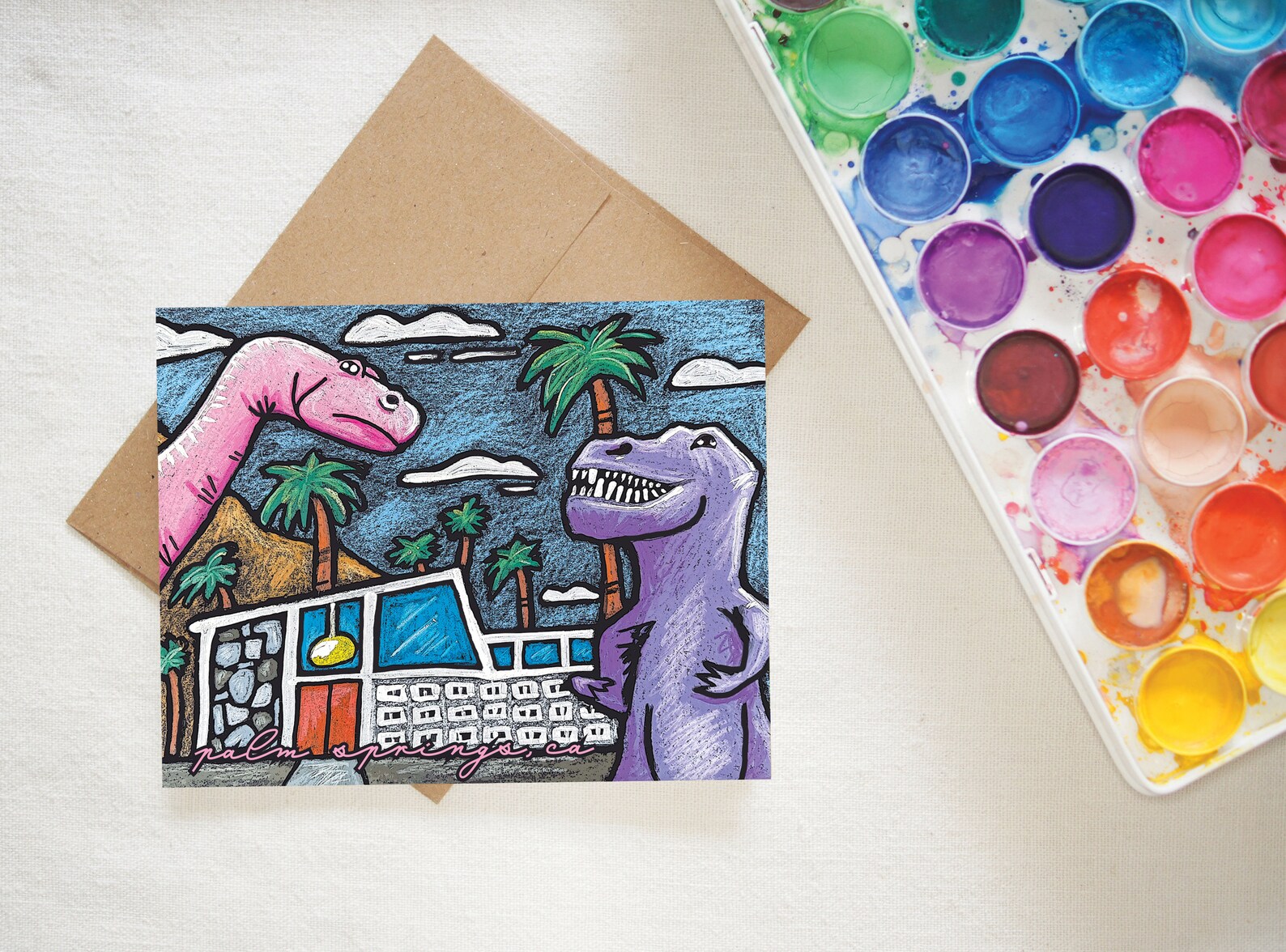 Palm Springs Card - Dinosaurs, Mid Century Modern, T Rex, Brontosaurus ...