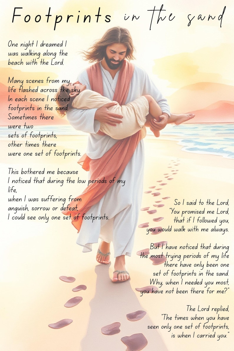 Footprints in the Sand Poem: Christian Watercolor Beach Art (digital ...