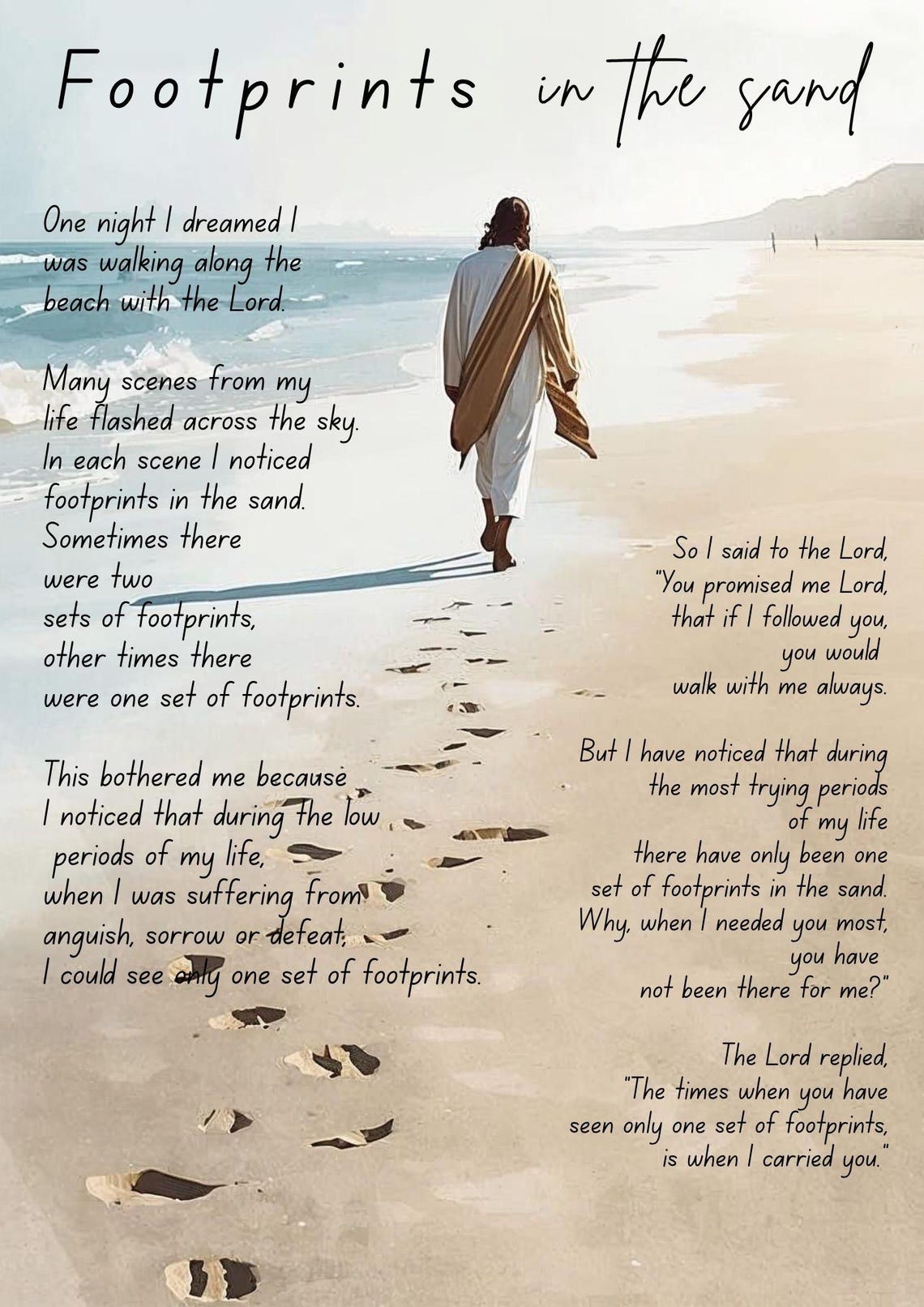 Footprints in the Sand Poem: Christian Watercolor Beach Art (digital ...