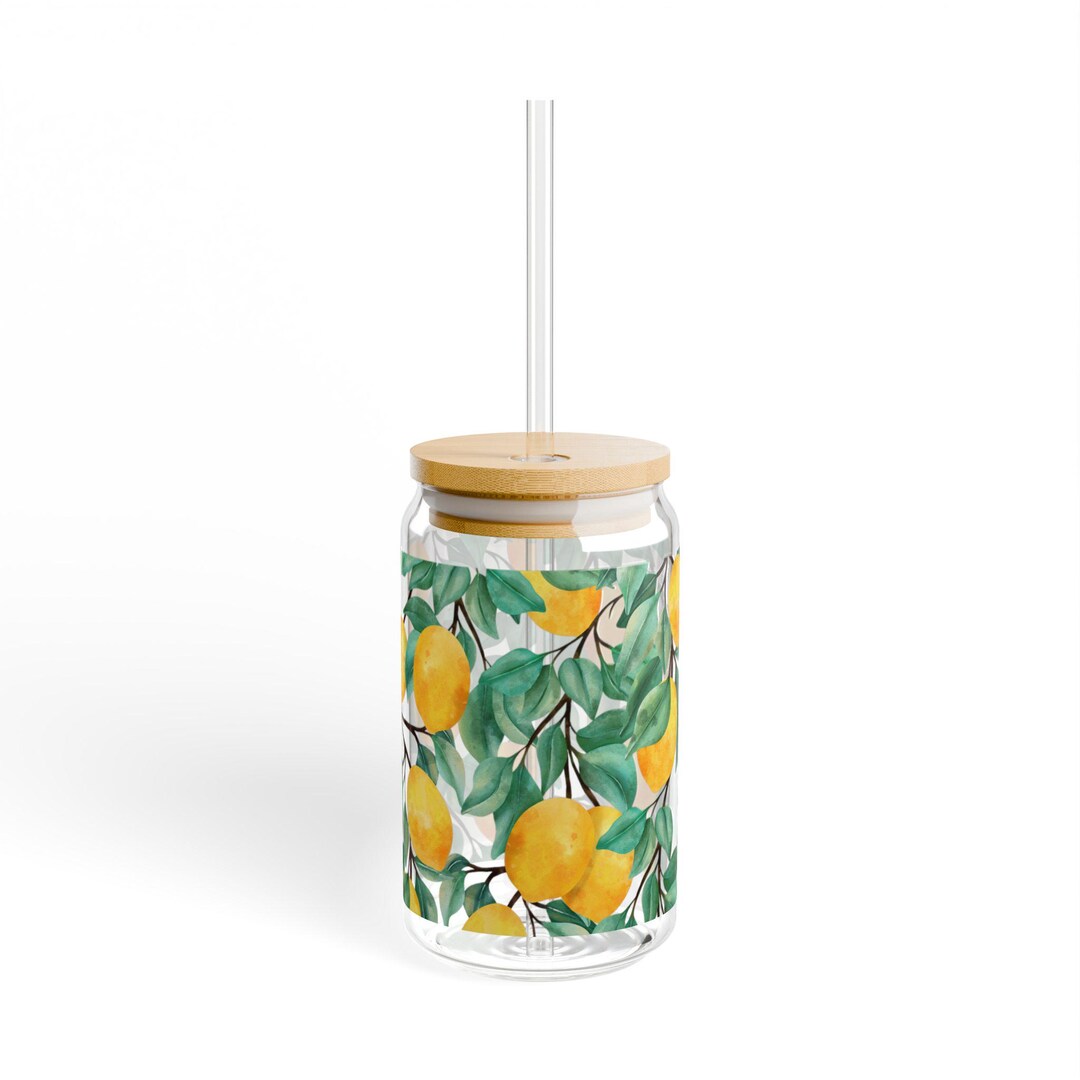 Lemon-themed Sipper Glass With Bamboo Lid, Eco-friendly Drinkware ...