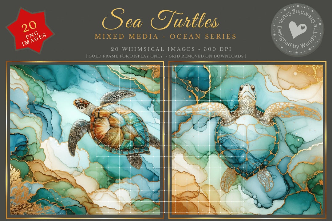20 Sea Turtles Vibrant Watercolor Digital Download Print With Ocean ...