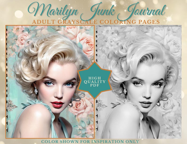 Marilyn Junk Journal Grayscale Coloring Book – 30 Vintage Glamour Diva ...