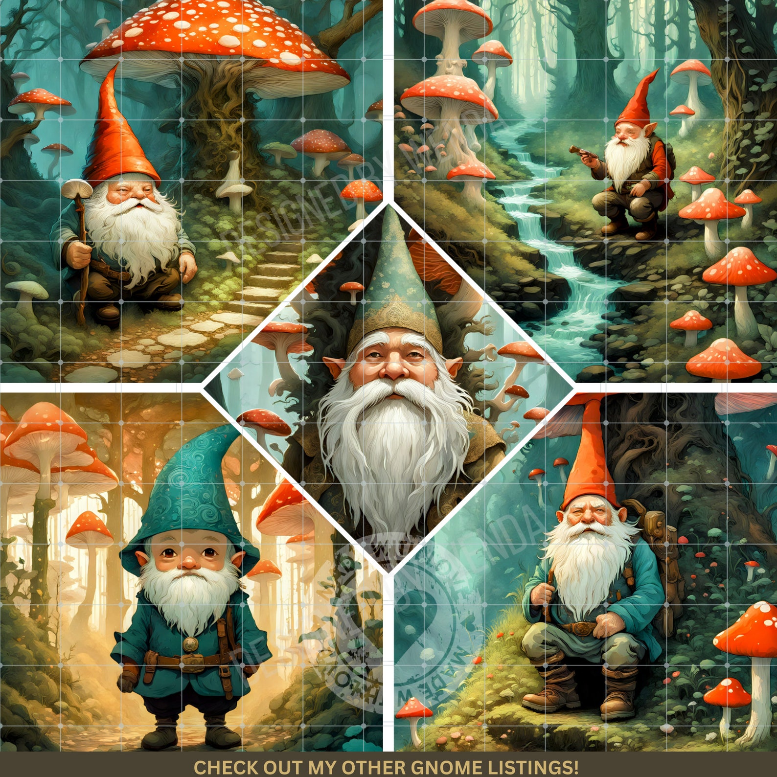 5 Toadstool Gnomes Digital Download Fantasy Land Garden Gnomes Wall Art ...