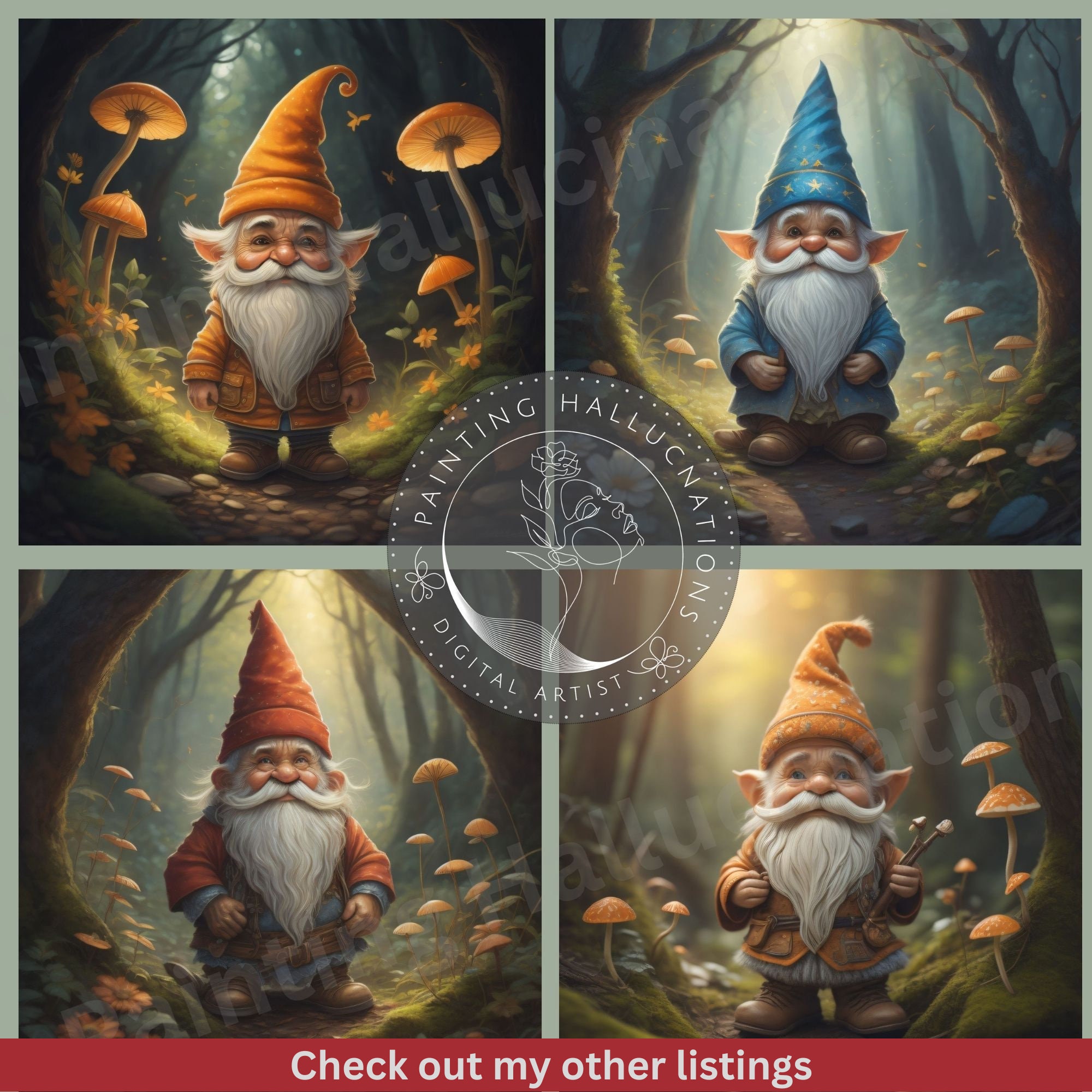 5 PRINTABLE Woodland Garden Gnome, Fantasy Land Garden Gnomes, Poster for Wall Art, Gnomes Print ...