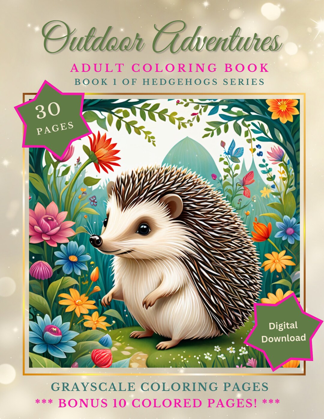 Hedgehogs Adult Coloring Book: Greyscale Garden Scenes (printable PDF ...