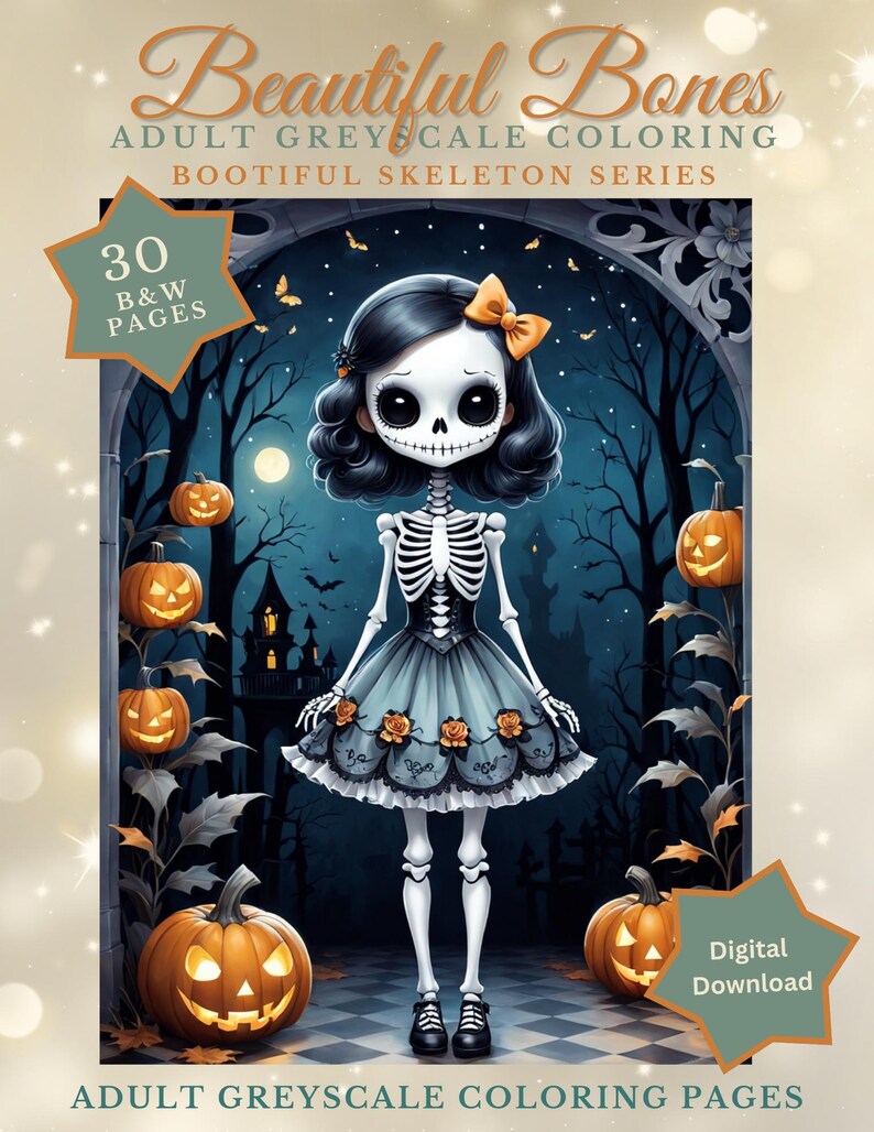 Spooky Skeleton Grayscale Coloring Pages: Halloween Fantasy (PDF) - Etsy