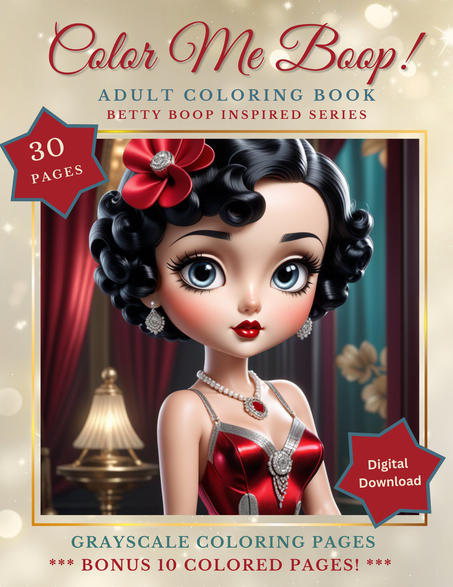 30 Betty Boop Adult Greyscale Coloring Book Printable PDF Bonus 10 Full ...