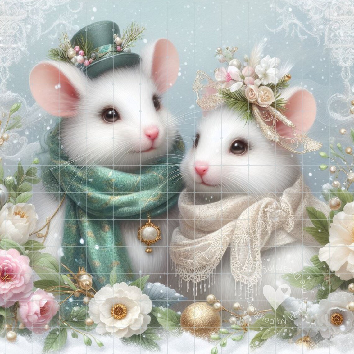 5 Christmas Victorian White Mouse Prints in Pastel Colors Instant ...