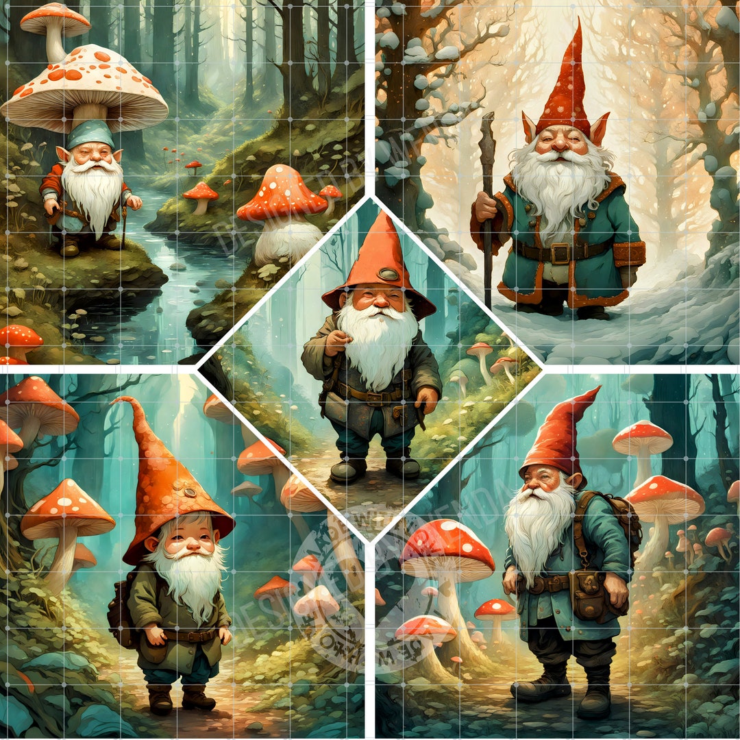5 Toadstool Gnomes Digital Download Fantasy Land Garden Gnomes Wall Art ...
