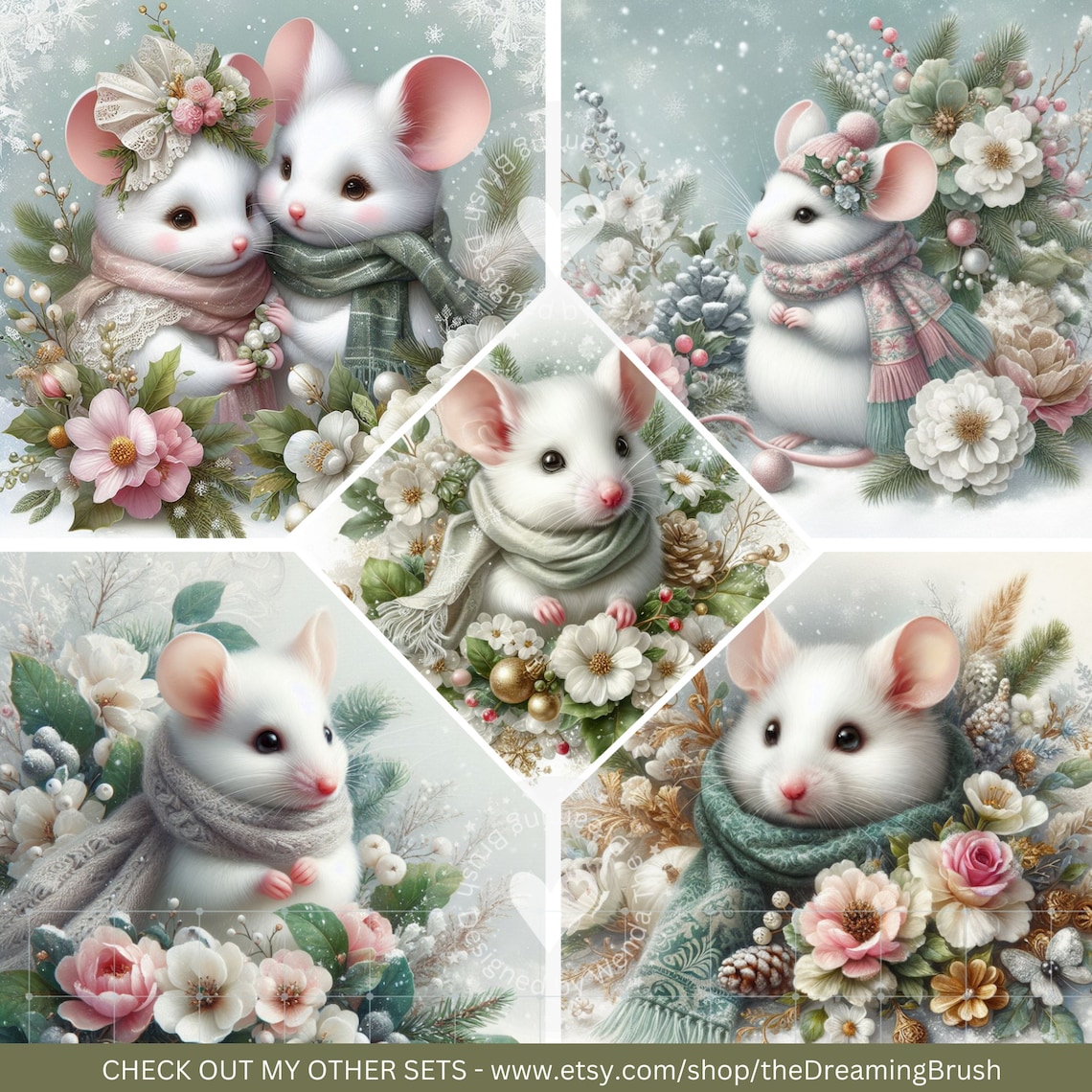 5 Christmas Victorian White Mouse Prints in Pastel Colors Instant ...