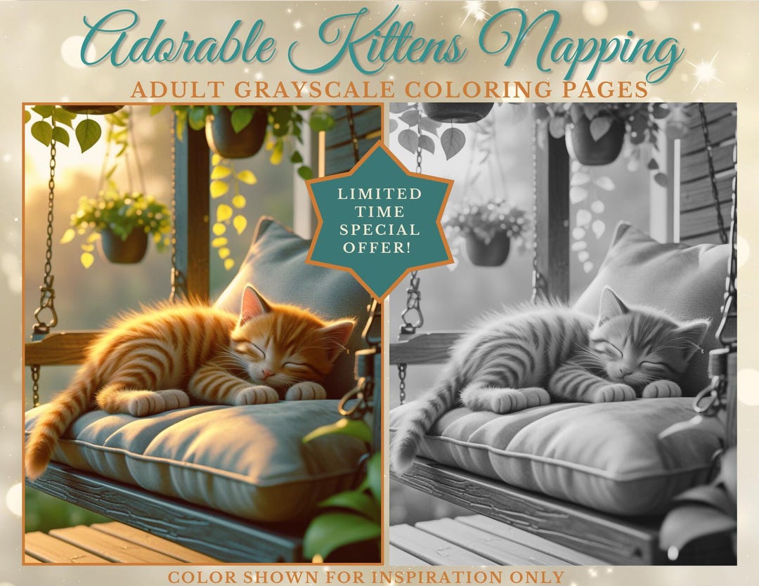 Adorable Kittens Napping Coloring Pages | 30 Grayscale Images | Cute Cat PDF Art | Digital ...