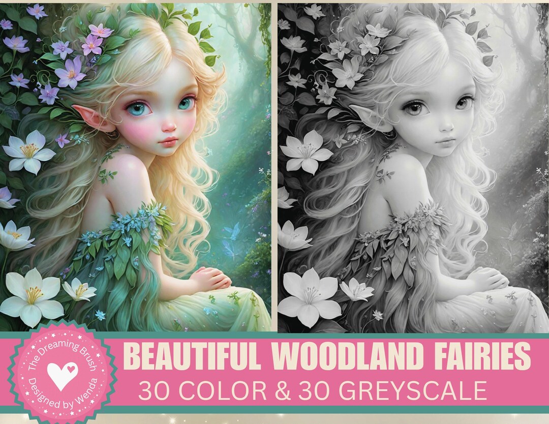 Woodland Fairies Coloring Book: 30 Grayscale Fantasy Art Pages (digital ...