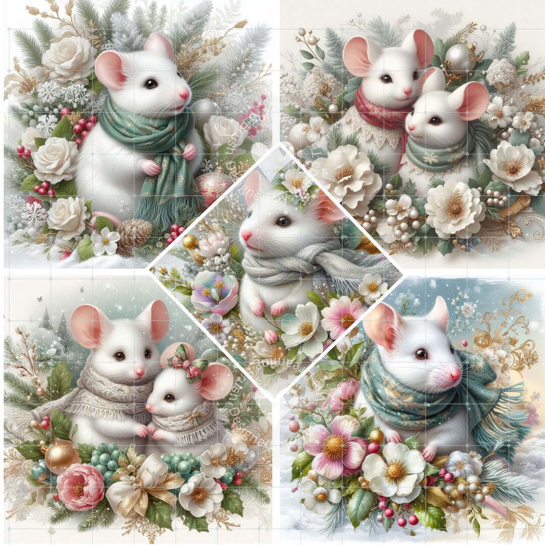 Christmas Victorian White Mouse Prints in Pastel Colors Instant Digital ...