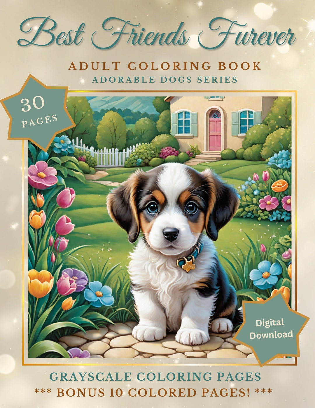 30 Puppy Dogs Adult Greyscale Coloring Book | 20 B&W + 10 Full Colored ...