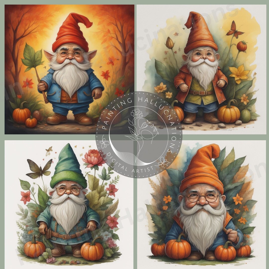 4 PRINTABLE Fall Garden Gnomes, Fantasy Land Garden Gnomes, Posters for ...