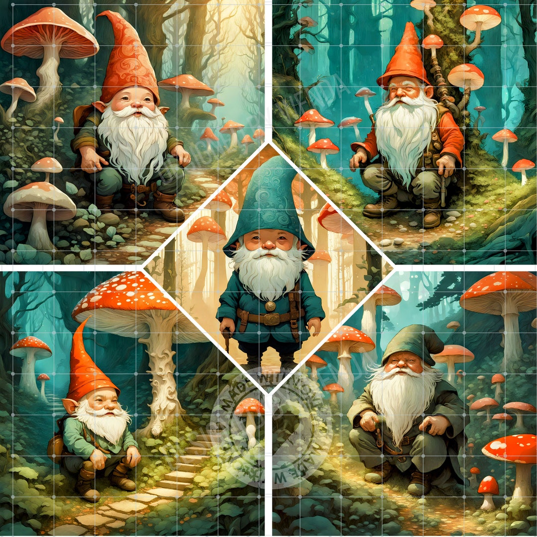 5 Toadstool Gnomes Digital Download Fantasy Land Garden Gnomes Wall Art ...