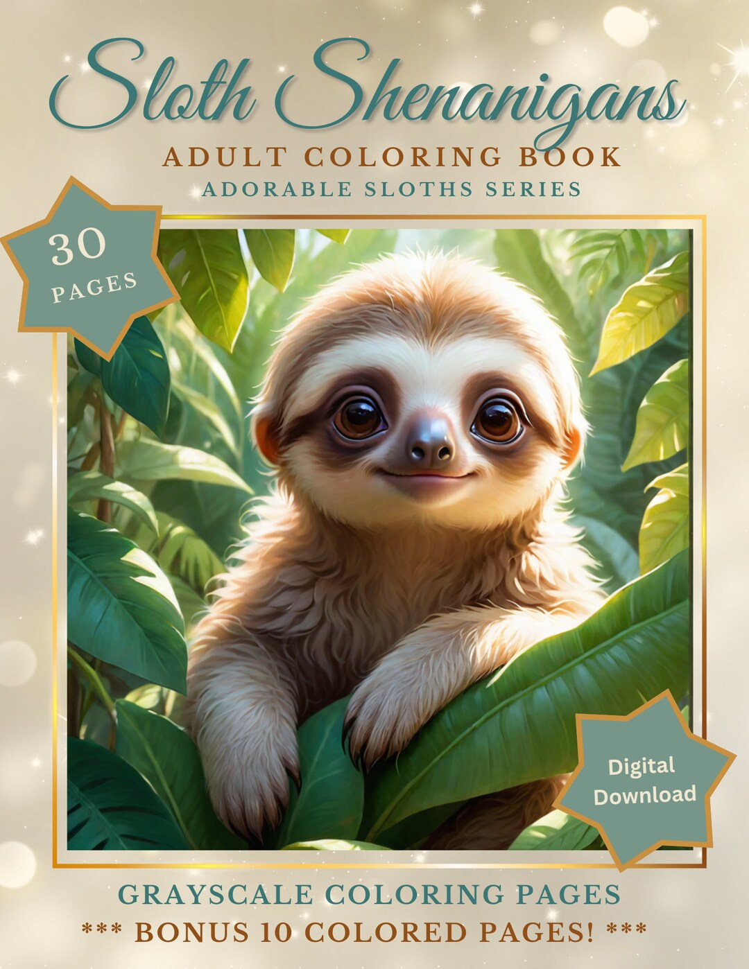 30 Cute Sloth Adult Greyscale Coloring Book | Printable PDF | 10 Full ...