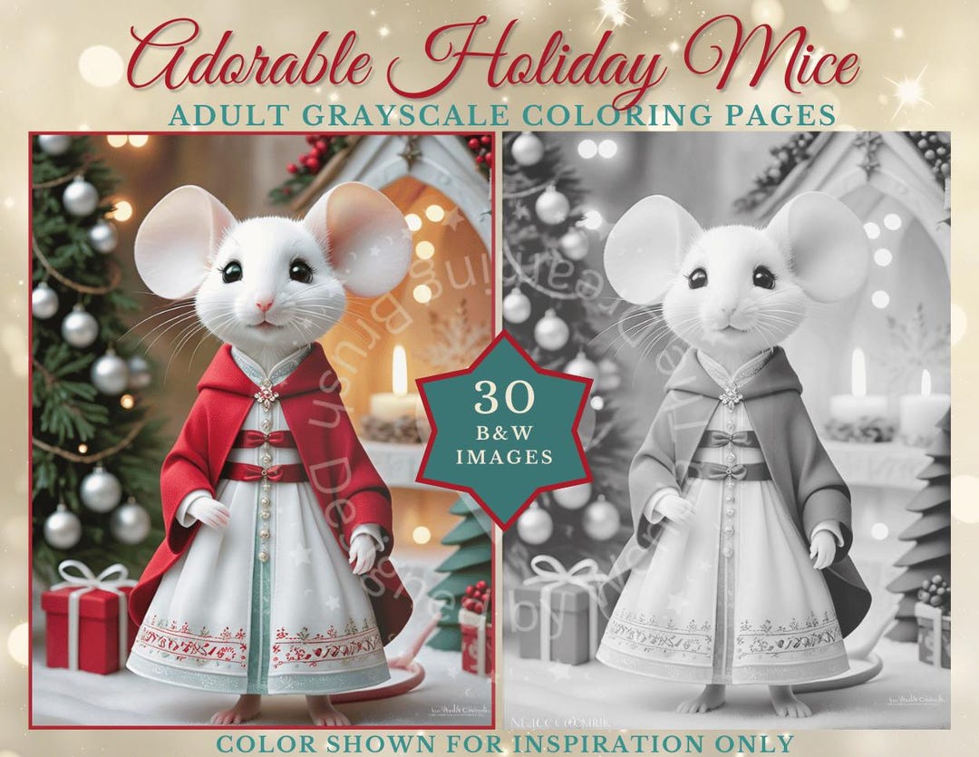 Christmas Mouse Coloring Pages: Grayscale Holiday Art (PDF) - Etsy