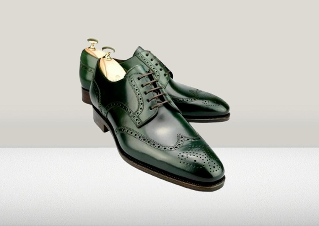 Handmade Men's Wingtip Brogue Green Colour Genuine Leather Shoes Casual ...