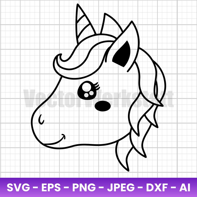 Black Lineart Unicorn Face SVG Simple Unicorn Outline Clipart ...