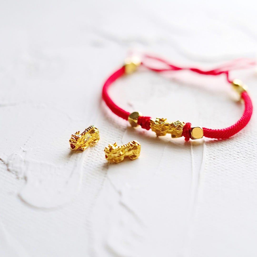 24k Gold Pixiu Charm Bracelet, Lucky Red String, Adjustable - Etsy