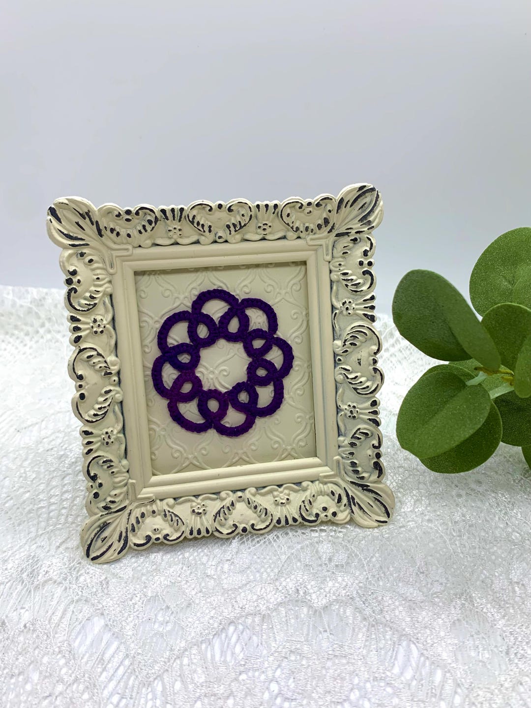 Purple Bookshelf Decor, Cottagecore Decor, Tatted Purple Lace Decor in ...