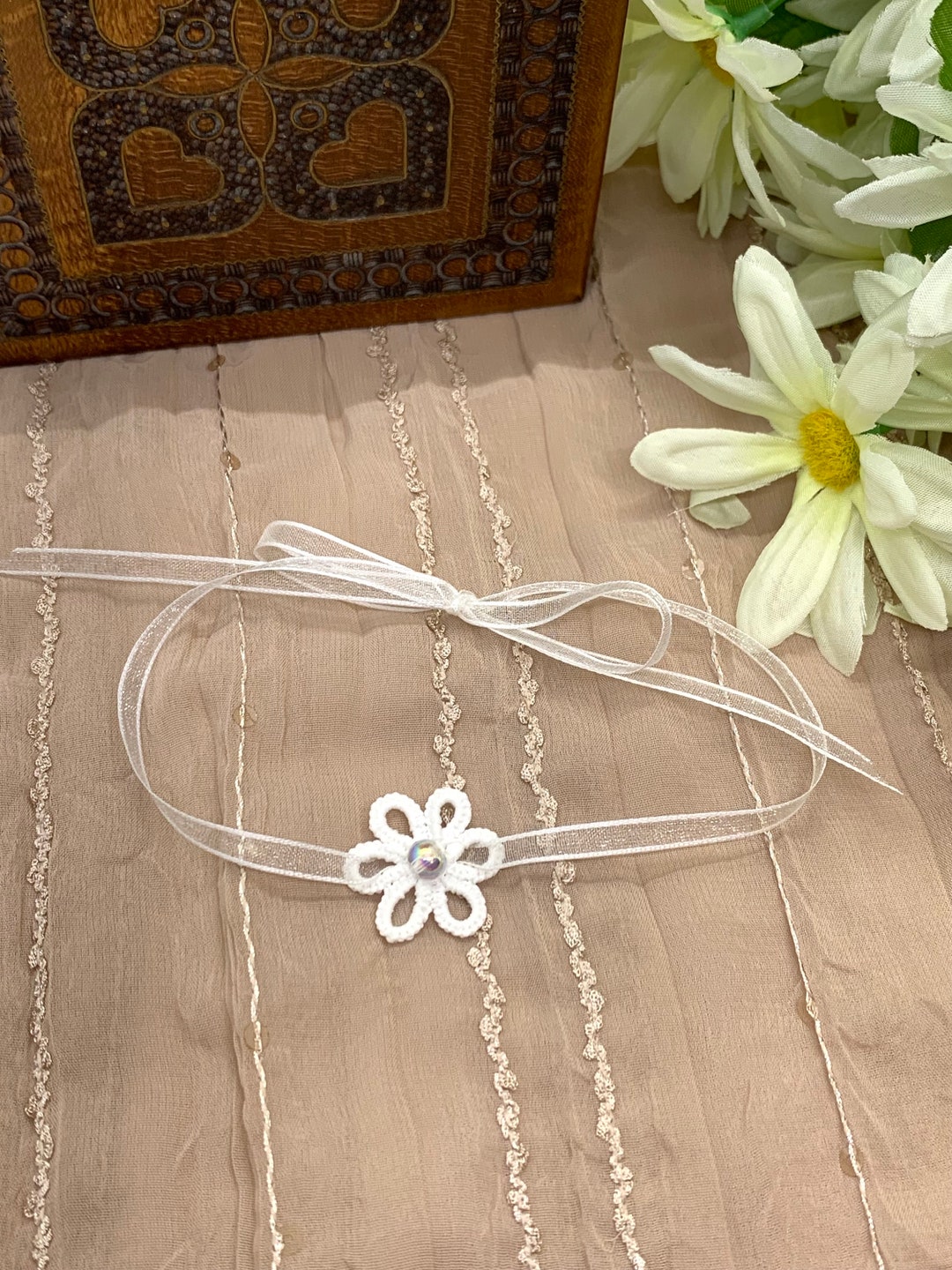 White Flower Choker With Pearl Girls Flower Choker on Sheer - Etsy