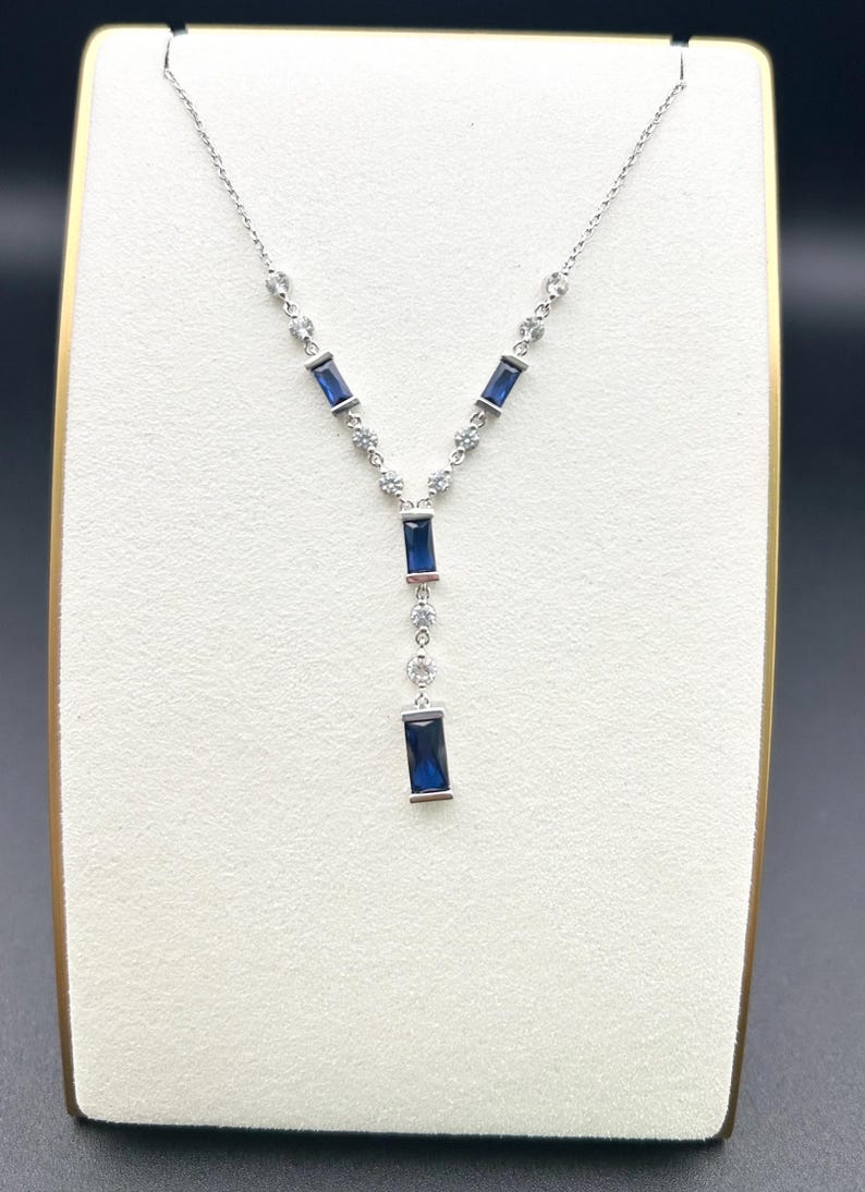 Genuine Blue and White Sapphire Plunging Necklace - Etsy