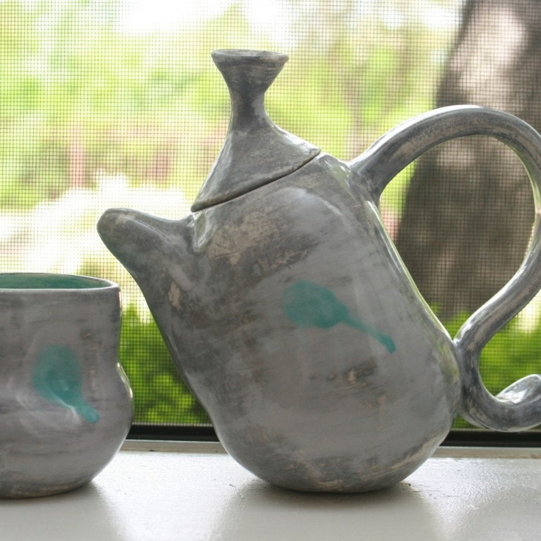 Purple Organic Teapot Set With Aqua Details, Teapot With Cups - Etsy