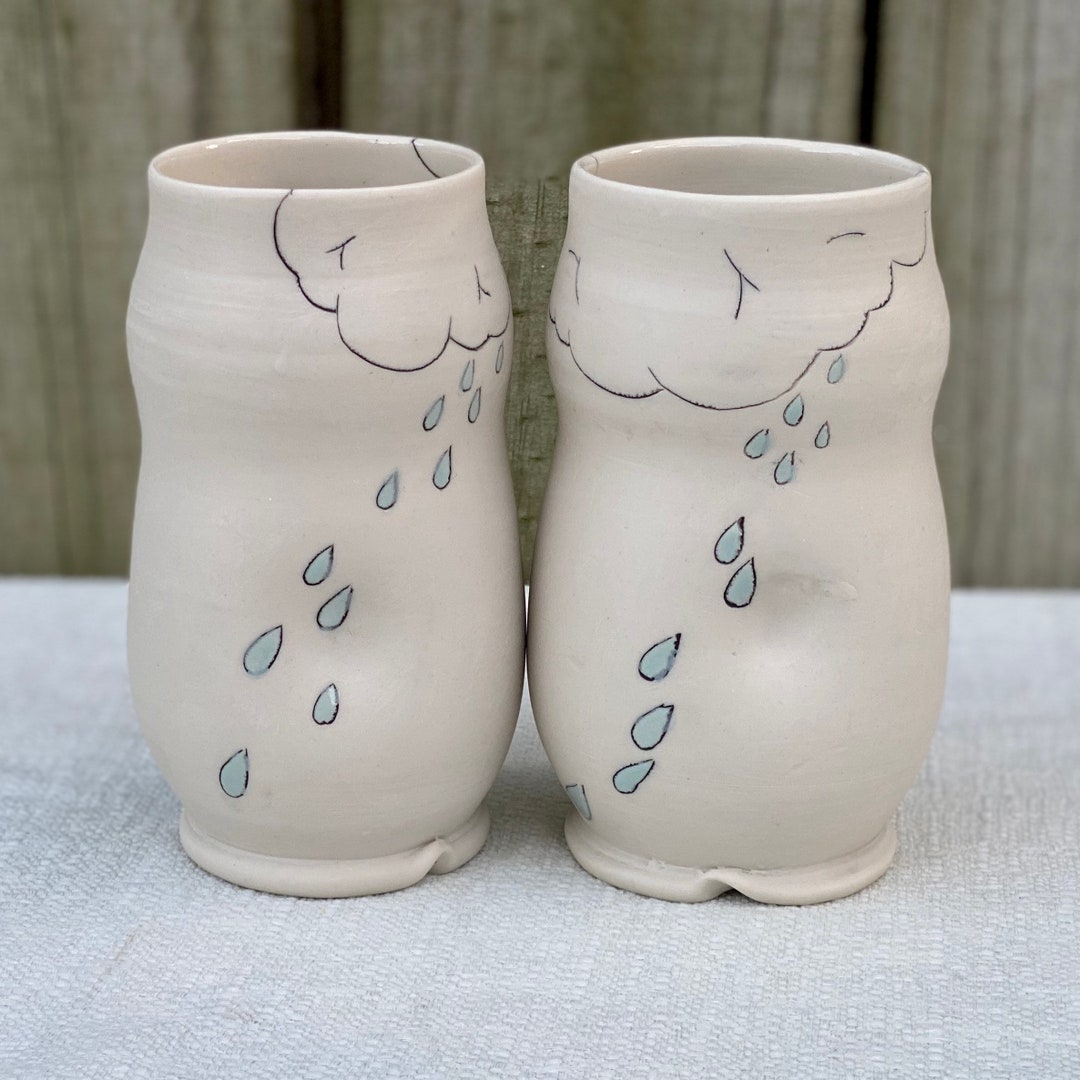 Porcelain Cup With Inlaid Rain Cloud Design and Clear and Blue Glazes ...