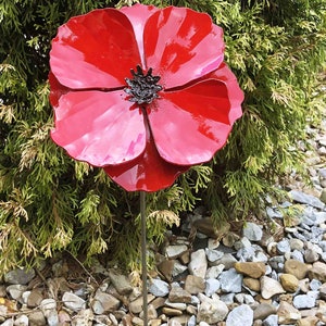Handmade Metal Poppy Flower Garden Stake - Red Blooming Yard Art - Etsy