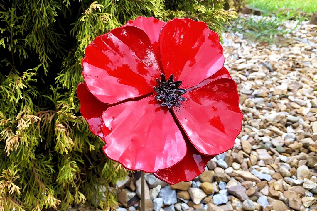 Handmade Metal Poppy Flower Garden Stake - Red Blooming Yard Art - Etsy