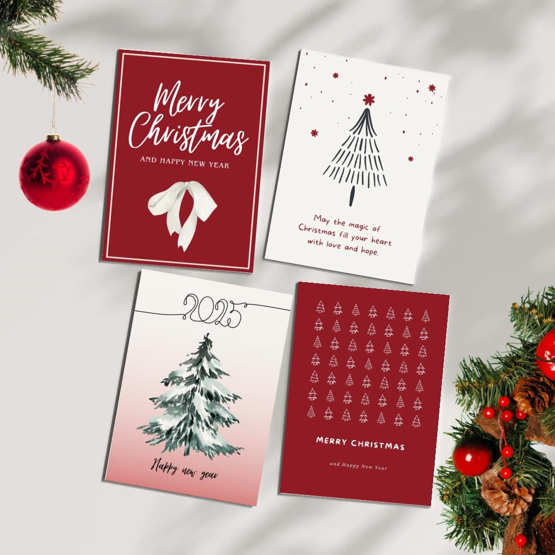 Set of 5 Printable Christmas Cards, Merry Christmas Cards, Digital ...
