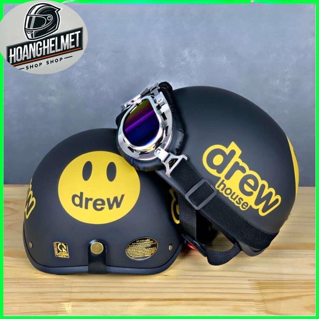 Drew House Inspired Helmet With Goggles Stylish Black and Yellow Smiley ...