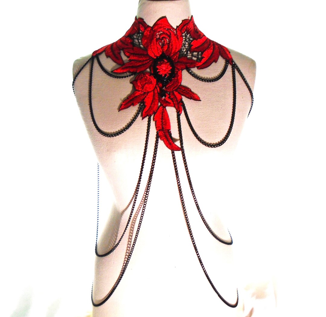 Vampire Love Red Rose Necklace Goth Choker Body Chain Gothic Necklace ...