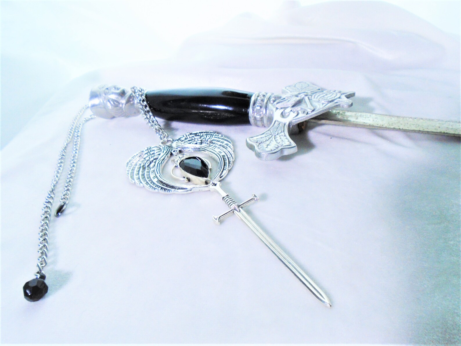 Winged Sword Black Crystal ArchAngel Sword Necklace | Etsy