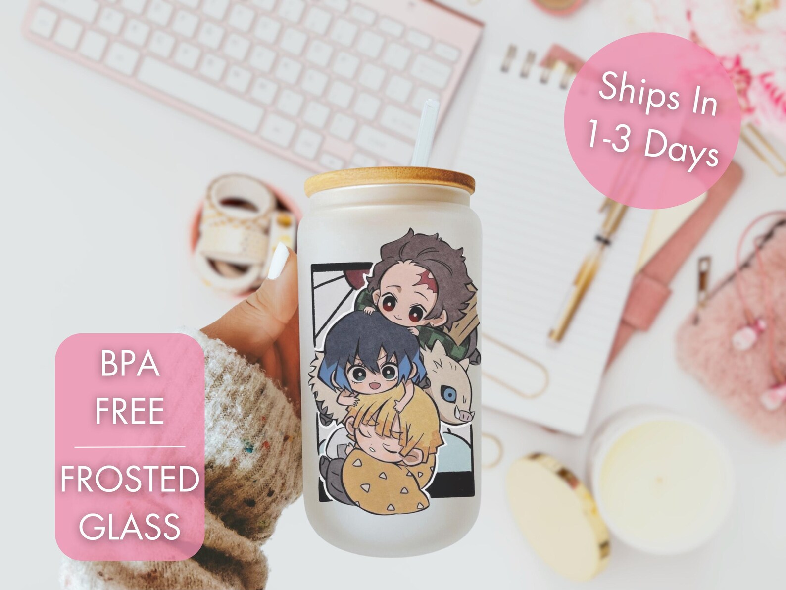 Tanjiro X Inosuke X Zenitsu 16oz Customized Frosted Libby Glass Custom ...