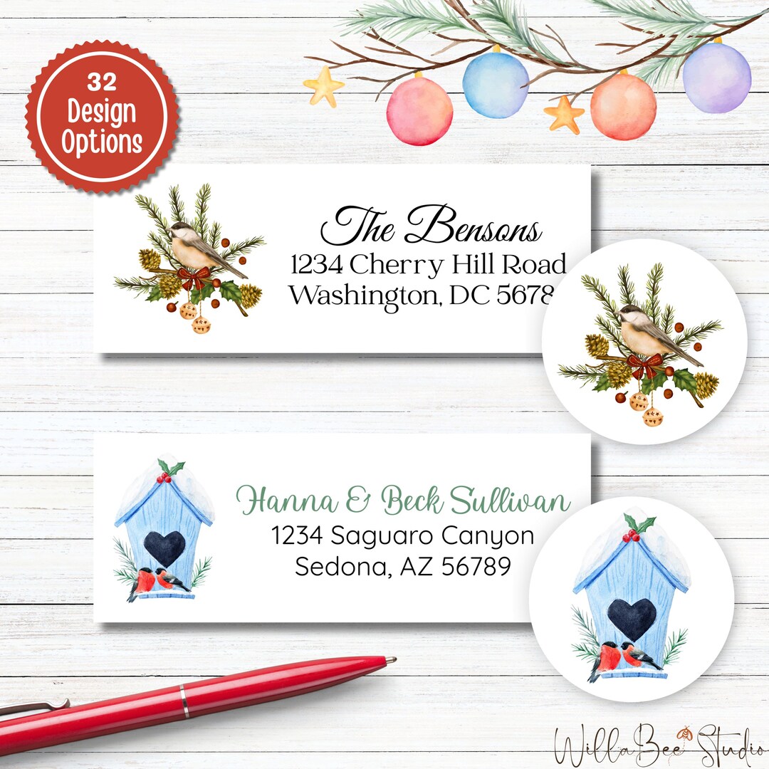 Christmas Bird Return Address Mailing Labels and Matching Envelope ...