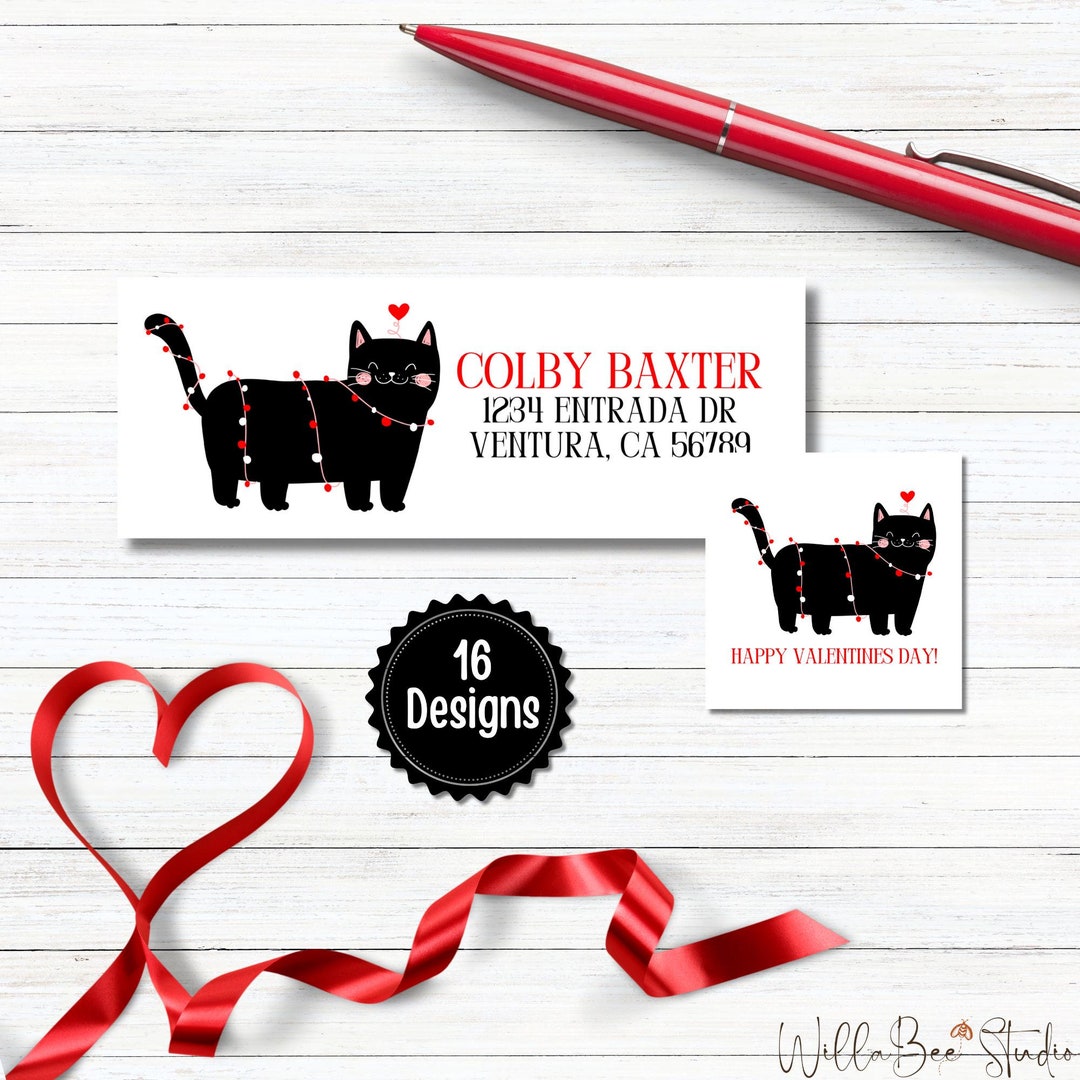 Black Cat Valentines Day Address Labels and Stickers | Black Cat Labels ...