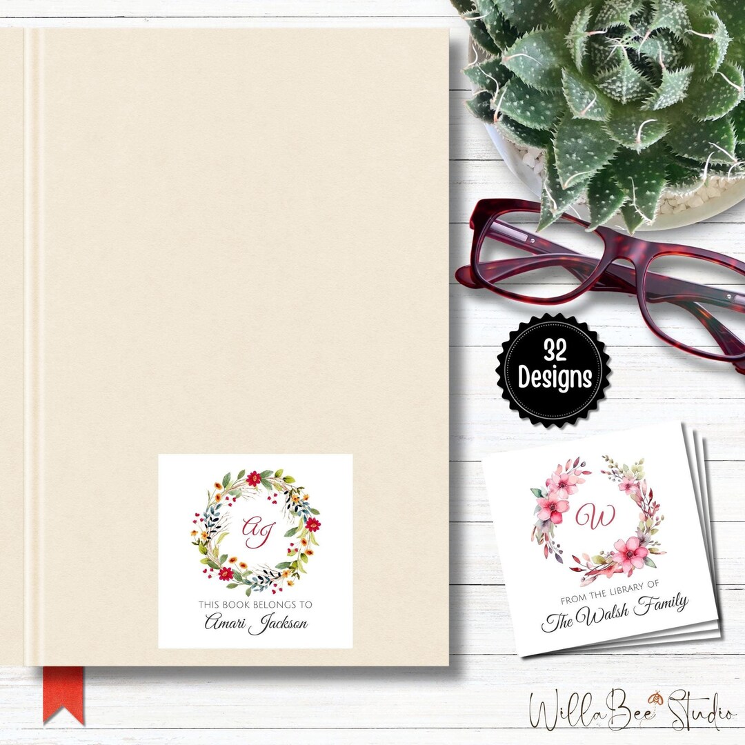 Floral Wreath Bookplate | Monogram Bookplate | Floral Bookplate ...