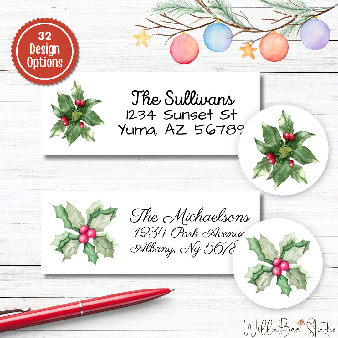 Christmas Holly Return Address Mailing Labels and Envelope Stickers ...