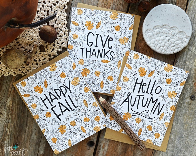 Happy Fall, Give Thanks, Hello Autumn, Set of FOUR Seasonal Folded Note ...