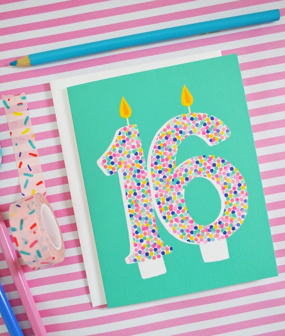 16th Birthday Sweet 16 Birthday candles Happy Birthday sprinkles birthday cake birthday card Celebrate confetti sixteen funfetti Etsy