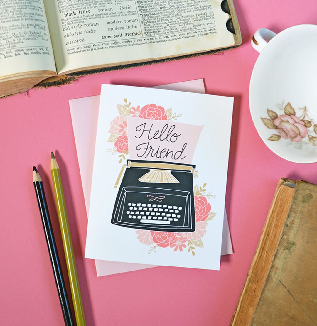 Hello Friend, Vintage Typewriter Greeting Card, Fun Notecards, Flowers ...