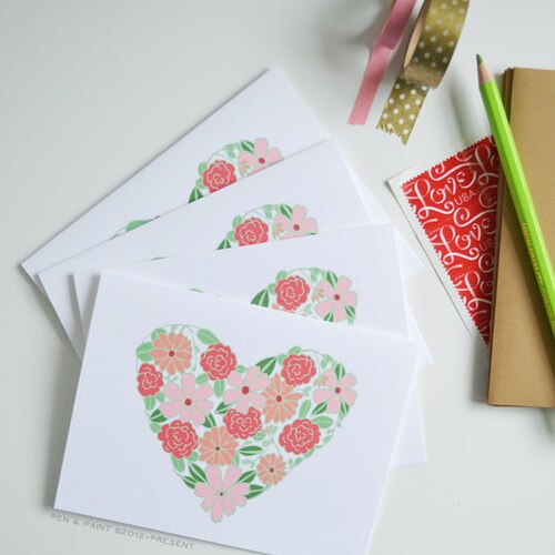 Set of FOUR Floral Folded Note Cards Valentine Stationery | Etsy