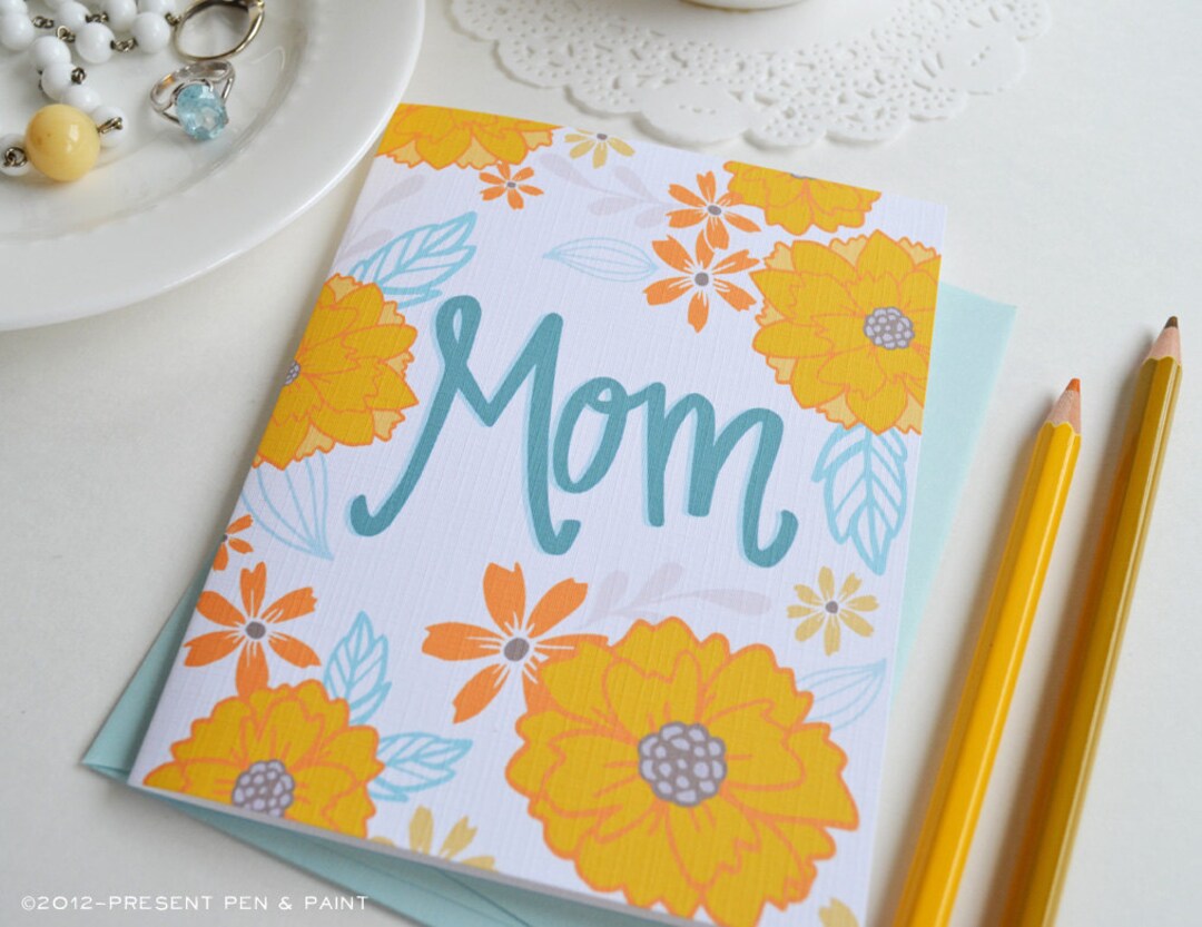 Mother's Day Card Floral, Mom, Yellow, Pretty, Floral, Stationery, Hand ...
