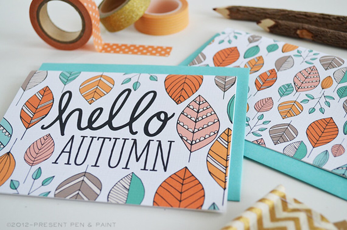 Happy Fall Set of FOUR seasonal Folded Note Cards Autumn | Etsy